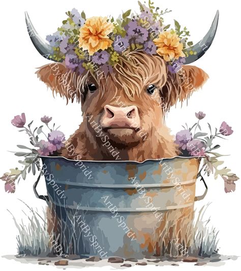 Funny Floral Highland Cow Png Clipart Printable Clip Art Digital