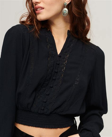 Womens Long Sleeve Lace Trim Smocked Blouse In Eclipse Navy Superdry Uk