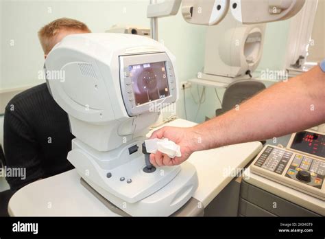 Doctor Controls Instrument Exploring Patients Eye In Ophthalmology