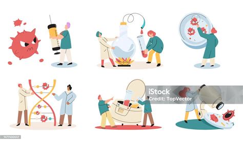 바이러스 백신 백신 과학 연구를 수행하는 과학자 화학 실험을 하는 의료 실험실 연구원에서 일하는 실험실 보조 테스트 튜브 액체 및 장비 실험실의 바이러스 개체 그룹에 대한