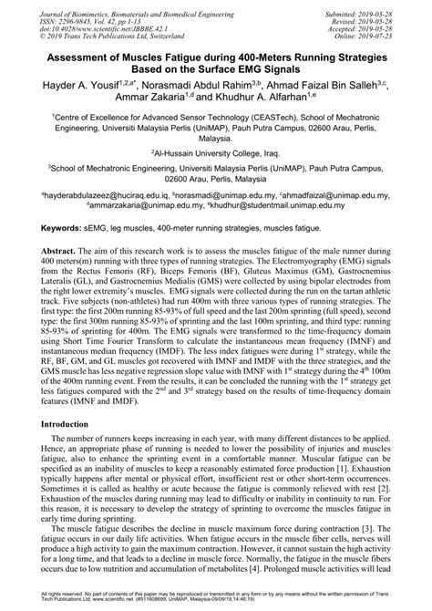 Pdf Assessment Of Muscles Fatigue During 400 Meters Running Strategies Based On The Surface