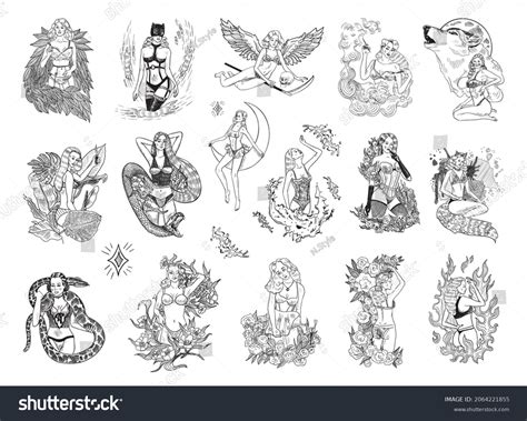 Collection Monochrome Illustrations Erotic Girls Sketch Stock Vector