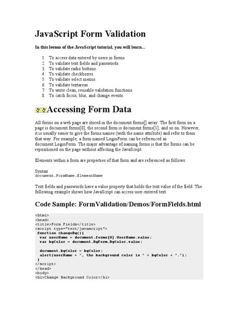 Javascript Form Validation Techniques Pdf Java Script Password