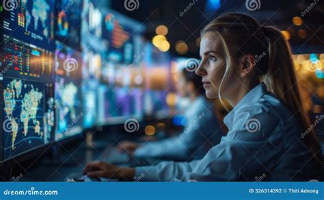 Focused Woman Monitoring Multiple Digital Screens With World Maps And Data In A Control Room At