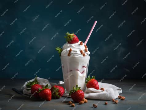 Premium Photo Glass With Delicious Strawberry Milk Shake Generative Ai