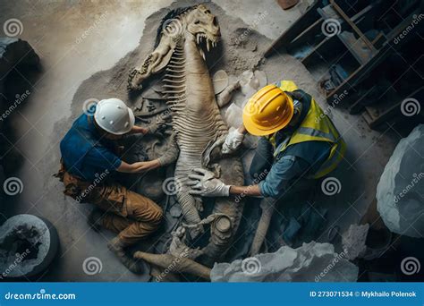Archaeologist Works On An Archaeological Site With Dinosaur Skeleton In