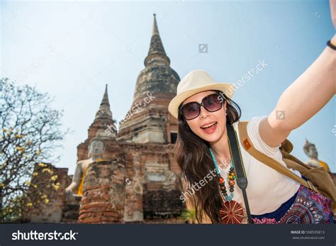 Asia Travel Selfie Asian Woman In Ayutthaya Village Bangkok Cute