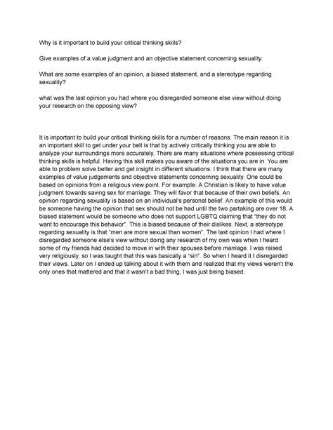 Human Sexuality Discussion 1 Why Is It Important To Build Your Critical Thinking Skills Give