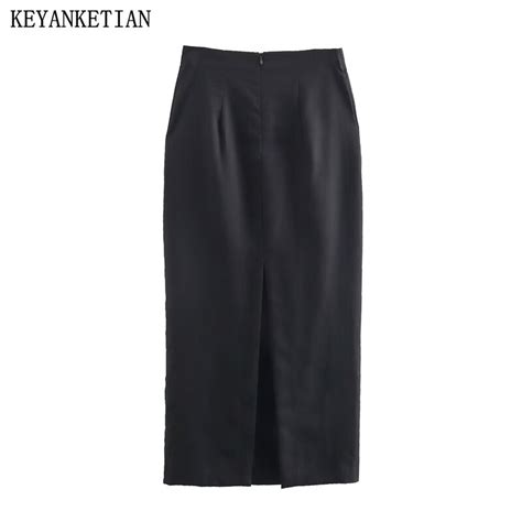 Keyanketian 여성용 블랙 스커트 지퍼가 달린 하이웨이스트 통근 스타일 심플한 기본 백 슬릿 미디 롱 스커트 여름 신상 Kr