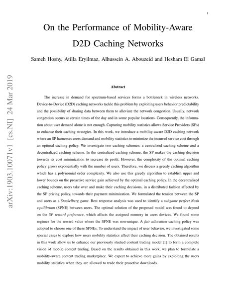 Pdf On The Performance Of Mobility Aware D2d Caching Networks
