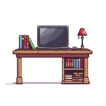 Work Table With Laptop And Book In Pixel Art Style Laptop Work Table PNG Transparent Image
