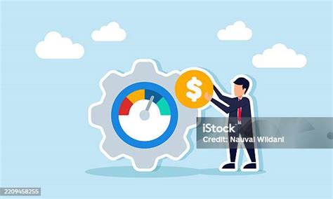 한 사업가가 속도계가 있는 기어 옆에 달러 동전을 들고 있는데 이는 온라인 및 디지털 도구를 통해 비즈니스 재무 성과를 모니터링하고 평가하는 방법을 보여줍니다 개발에 대한