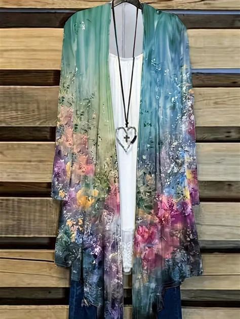 Plus 1pc Floral Print Open Front Coat Long Sleeve Cardigan Floral