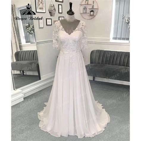Beach Lace Bodice Chiffon V Neck Women Backless Wedding Dress With Sho