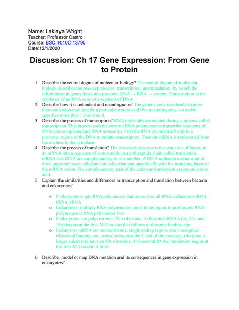 Chapter 17 Gene Expression From Gene To Protein Name Lakiaya Wright