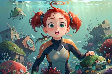바다에서 다이빙하는 소녀 다채로운 수중 세계 산호 물고기 바탕 화면 배경 그림 프리미엄 사진