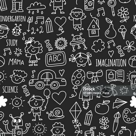 원활한 패턴 학교 유치원입니다 행복 한 아이 들 창의력 상상력 낙서 아이콘 아이 들과 함께입니다 재생 하 고 연구 하 고 행복