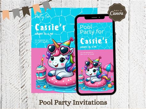 Rainbow Unicorn Pool Party Invitations Unicorn Birthday Invites