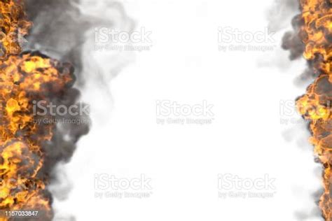 어두운 연기와 흰색에 고립 녹는 폭발 프레임의 화재 3d 그림 상단과 하단은 비어 왼쪽과 오른쪽 측면에서 화재 라인 3차원 형태에 대한 스톡 사진 및 기타 이미지 Istock
