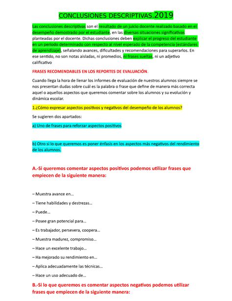 Conclusiones Descriptivas Para Docentes CONCLUSIONES DESCRIPTIVAS