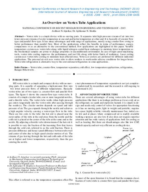 Pdf An Overview On Vortex Tube Applications