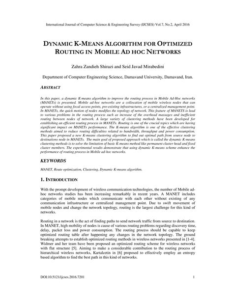 Dynamic K Means Algorithm For Optimized Routing In Mobile Ad Hoc Networks Pdf