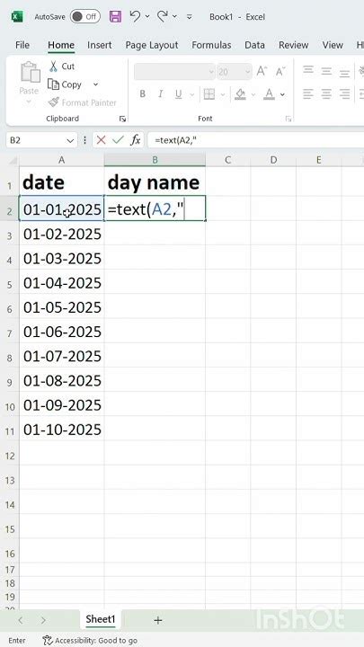 day name formula in excel shorts youtube
