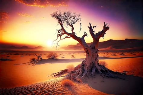 Premium Photo Beaful Sunset In Desert And Lonely Dead Tree