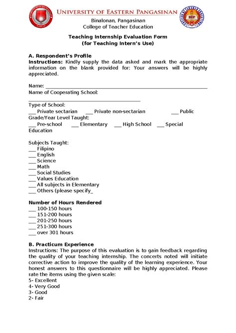 Teaching Internship Evaluation Form For Teaching Interns Use College
