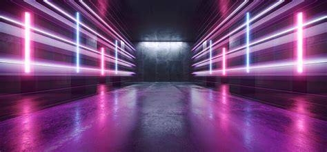 네온 불빛 공상 과학 소설 자주색 파란 선 모양 빛나는 활기찬 빈 공간 그런 지 콘크리트 터널 복도 복도 단계 우주선 차고
