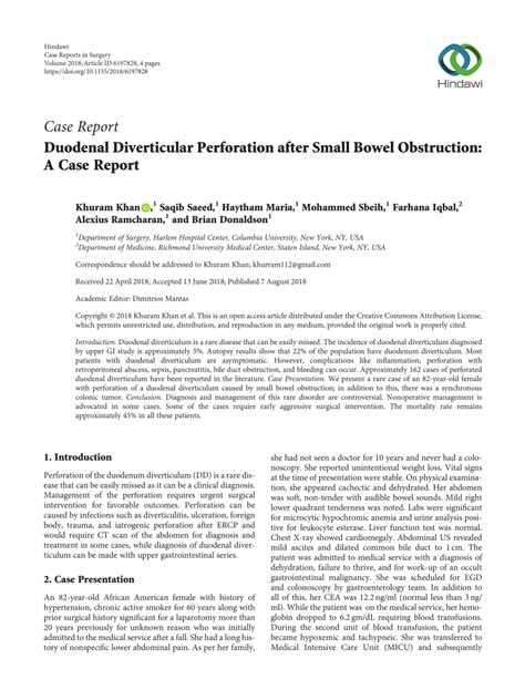 Pdf Duodenal Diverticular Perforation After Small Bowel Obstruction A Case Report