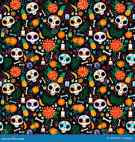 Dia De Los Muertos Seamless Vector Pattern Stock Vector Illustration