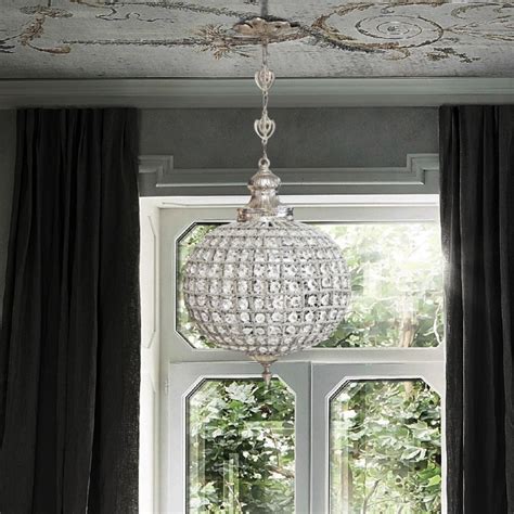 Lustre boule à pampilles verre transparente avec bronzes argentés