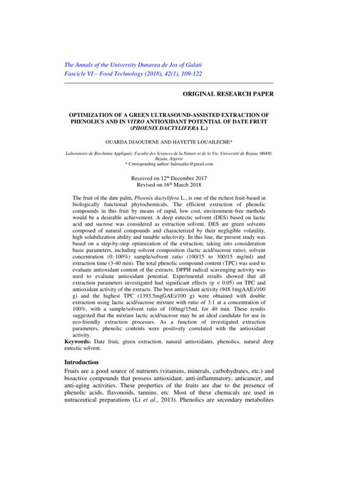 Pdf Optimization Of A Green Ultrasound Assisted Extraction Of