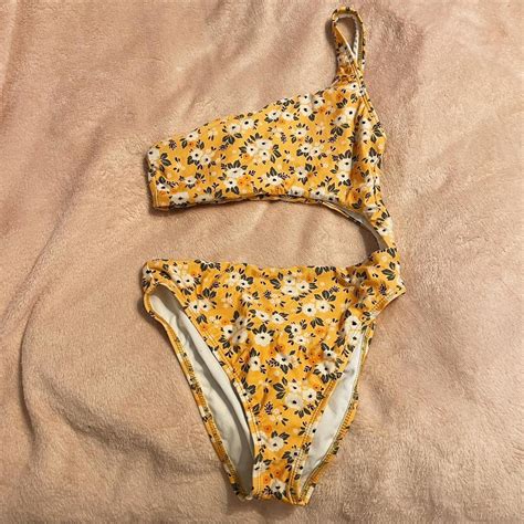 Yellow One Piece Bathingsuit Super Cute Flowers Depop