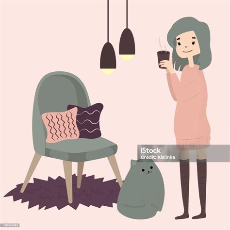 고양이 음료 뜨거운 커피 차 카카오와 귀여운 소녀 아늑한 겨울 히가 홈 스타일입니다 만화 스타일의 일러스트레이션 0명에 대한 스톡 벡터 아트 및 기타 이미지 Istock