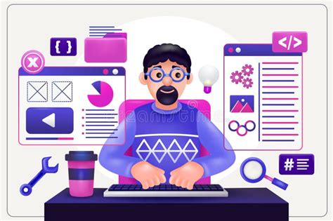 3d Illustration Of Man Doing Coding And Programming On His Laptop Stock
