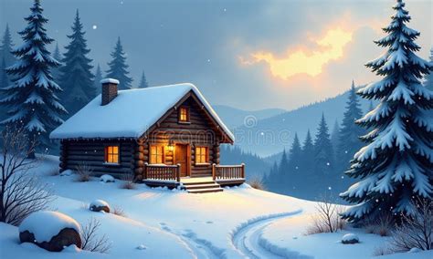 Winter Wonderland Cozy Log Cabin Snowy Forest Atmospheric Stock