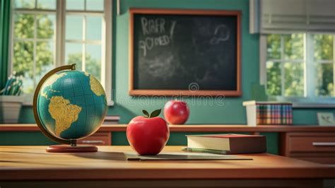 Classic Classroom Setup With Globe Apple And Chalkboard Display Stock