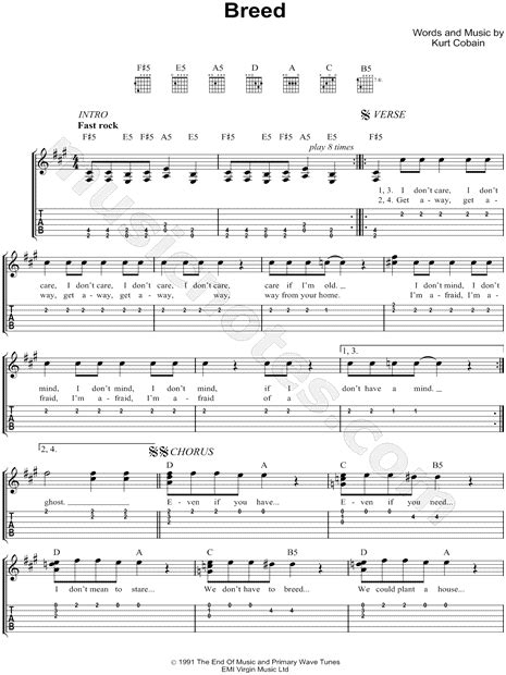 Nirvana Breed Guitar Tab In F Minor Download And Print Sku Mn0069562