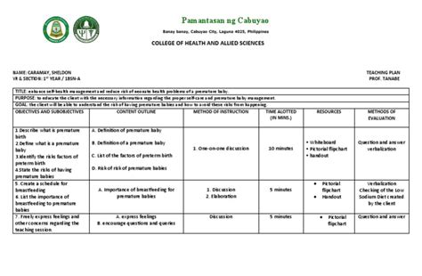 Teaching Plan Format Pdf Preterm Birth Breastfeeding