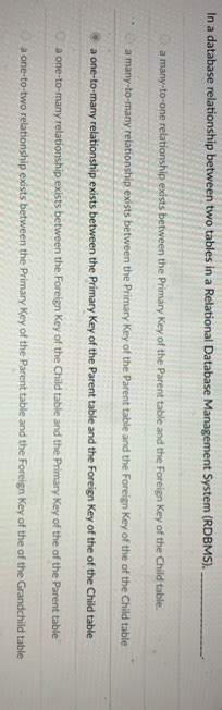 Solved In A Database Relationship Between Two Tables In A