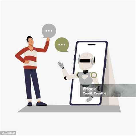 스마트 폰에서 챗봇과 상호 작용하는 남자는 Ai 통신 가상 비서 및 온라인 상호 작용을 상징하는 평면 벡터 그림으로 흰색 배경에