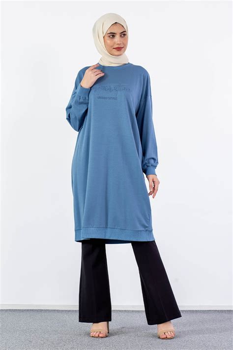 31834 Uzun Tunik Tek Element Mavi Tekbir