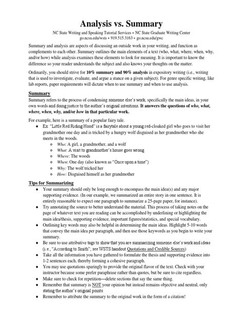 Analysis Vs Summary Where When Why And Or How In That Particular