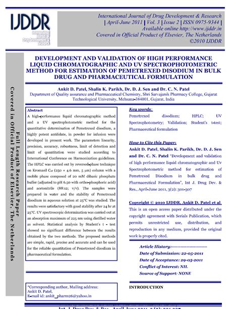 Pdf Development And Validation Of High Performance Liquid Chromatographic And Uv Spectroscopic