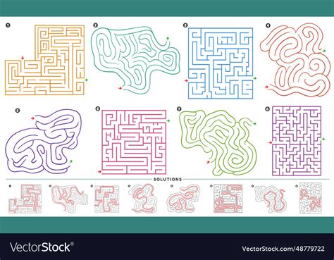 Maze Puzzle Activities Graphs Set With Solutions Vector Image