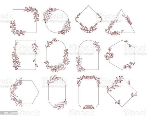 꽃 프레임 세트 흰색 배경에 격리된 꽃과 나뭇잎이 있는 우아한 선형 테두리 장식 요소 0명에 대한 스톡 벡터 아트 및 기타