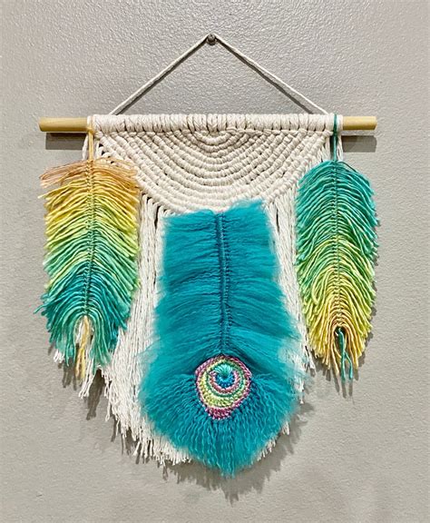 Macrame Feathers Peacock Feather Wall Decor Semi Lunar Macrame Etsy