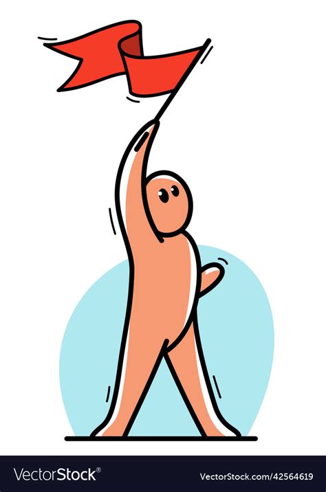 Funny Cartoon Man Raising Flag Up In Hand Like Vector Image